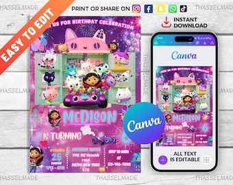 Gabbys Dollhouse Birthday Invitation Editable Gabby's Kids Birthday ...