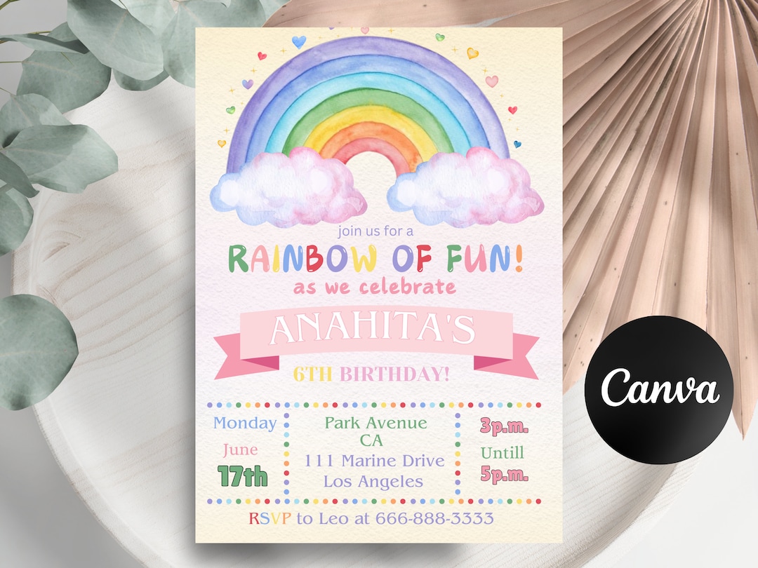 Rainbow Editable Birthday Invitation Rainbow Birthday Invite Girls ...