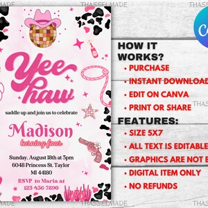 Editable Disco Rodeo Party Invite, Pink Cowgirl Template, Space Cowgirl ...