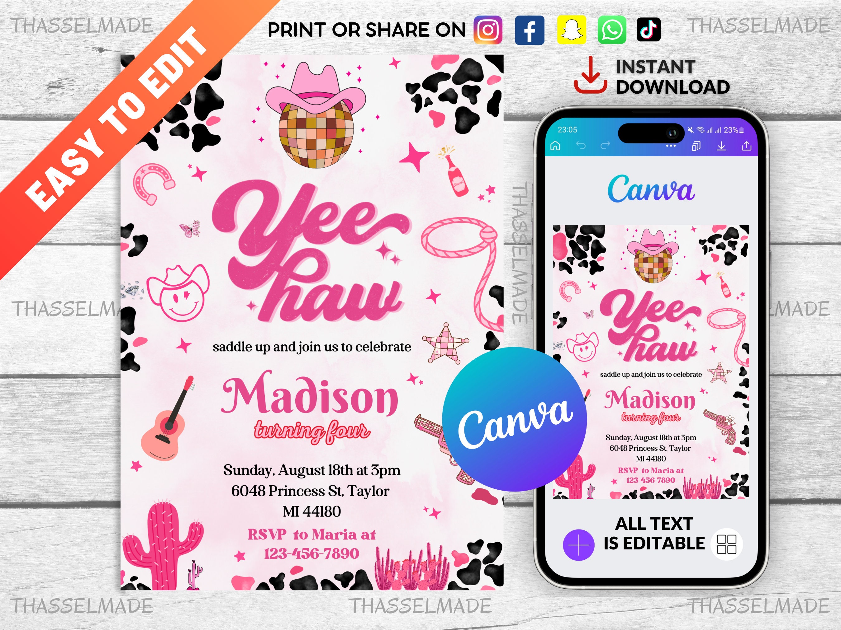 Editable Disco Rodeo Party Invite, Pink Cowgirl Template, Space Cowgirl ...