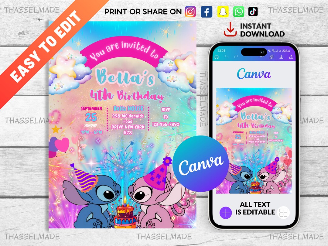 Stitch Editable Birthday Invitation Template, Digital Kids Party Invite ...