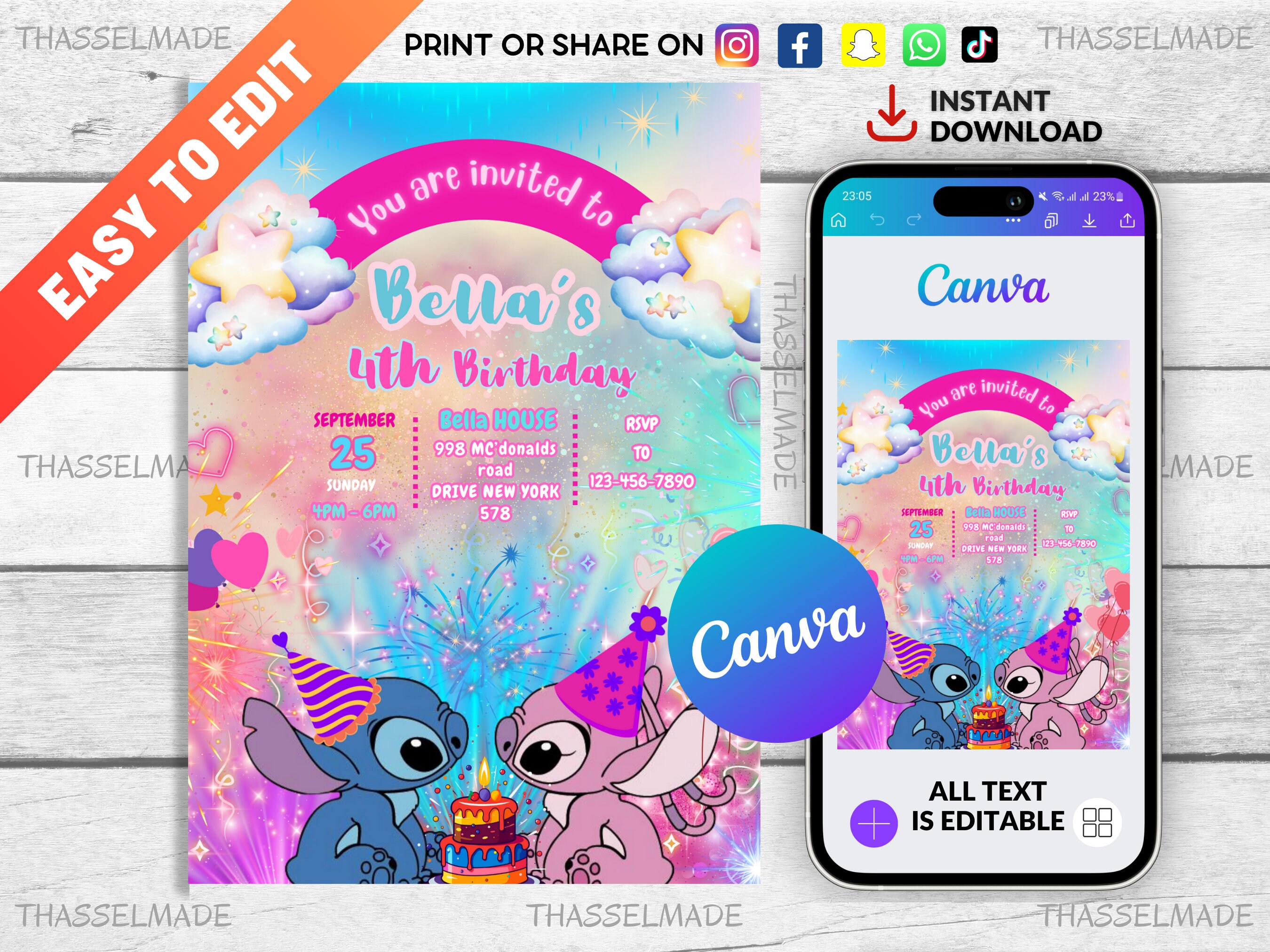 Stitch Editable Birthday Invitation Template, Digital Kids Party Invite ...