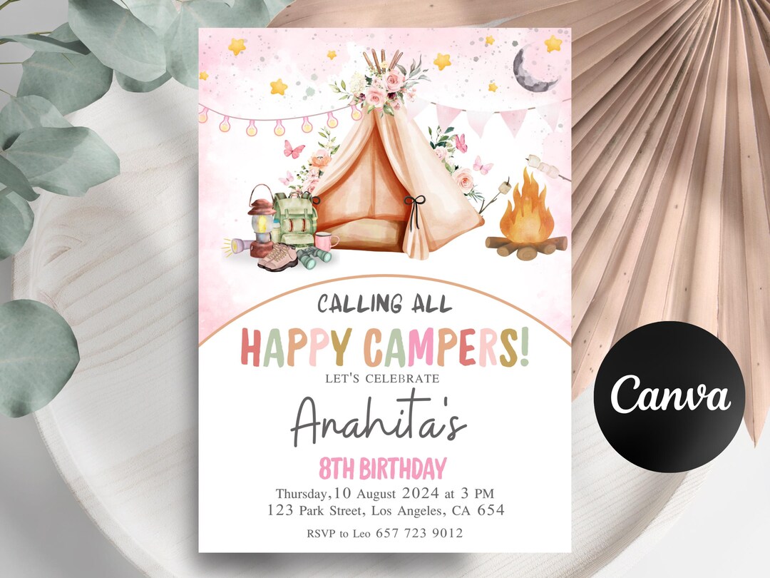 Camp Out Birthday Party, Girl Camp Party Editable Invitation, Sleepover Girl Camping Party ...