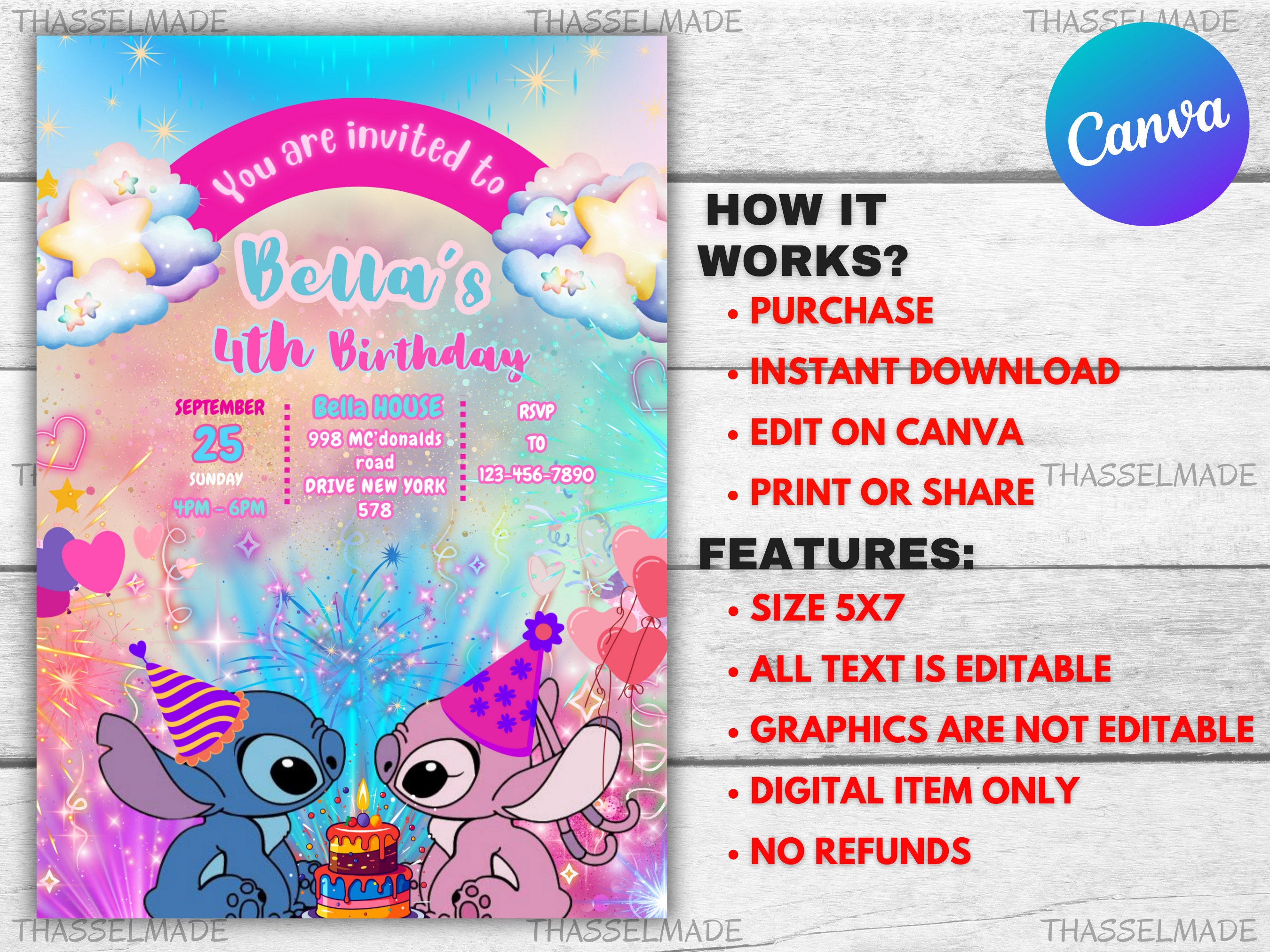 Stitch Editable Birthday Invitation Template, Digital Kids Party Invite ...