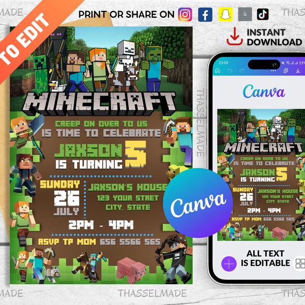 Mincraft Birthday Invitation Editable - Etsy