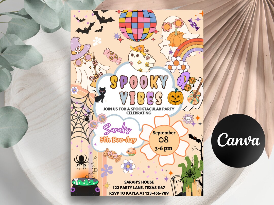 Groovy Halloween Editable Birthday Invitation Ghost Party Girl ...