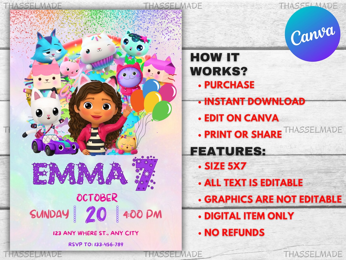 Gabby Dollhouse Canva Template Gabby Dollhouse Invitation Editable ...