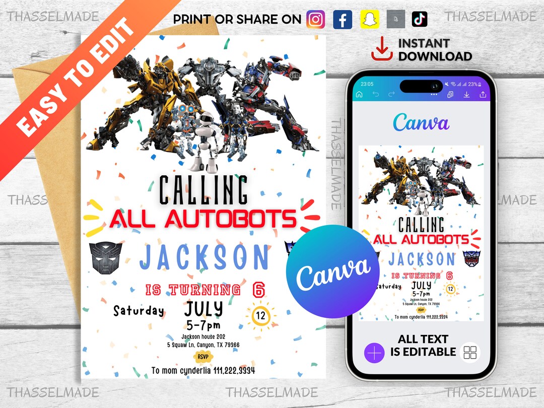 Autobots Party Invitation, Rescue Bots Birthday Invitation, Optimus ...