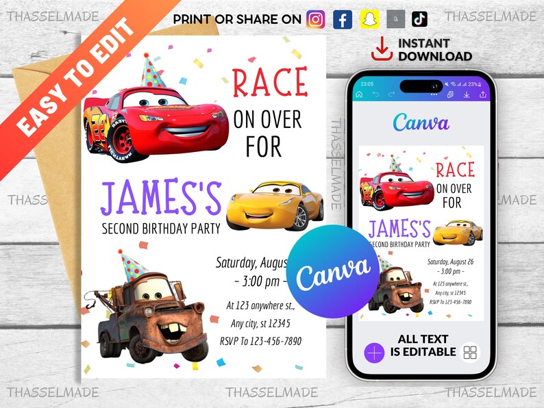 Printable Cars Invitation Lightning Mcqueen Invite Racing - Etsy