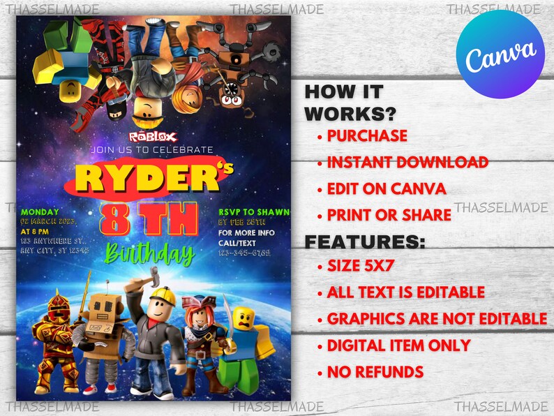 Roblox Birthday Invitation Roblox Invite Roblox Party - Etsy