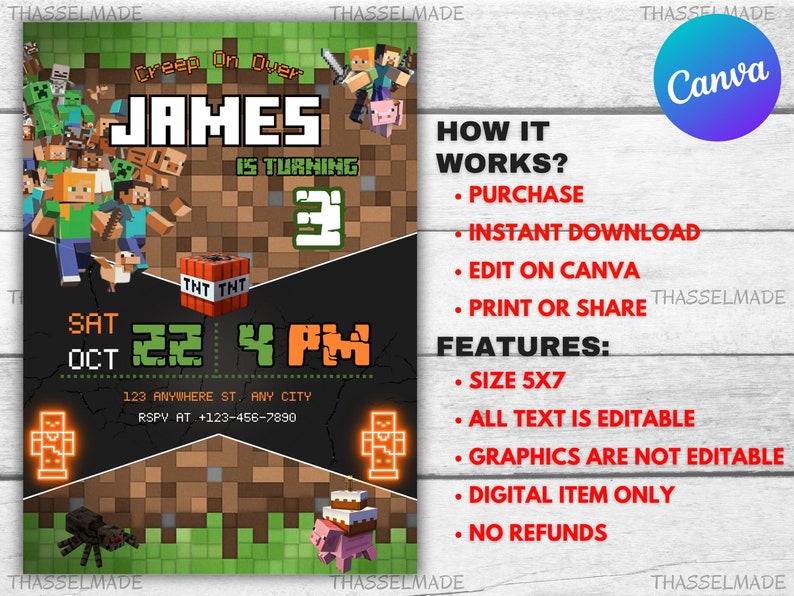 Editable Minecraft Birthday Invitation Minecrafter Birthday - Etsy Editable Minecraft Birthday Invitation Minecrafter Birthday - Etsy