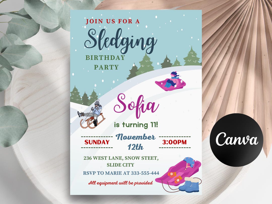 Sledge Winter Snow Sledging Invitation Birthday Party Invite Dry Slope ...