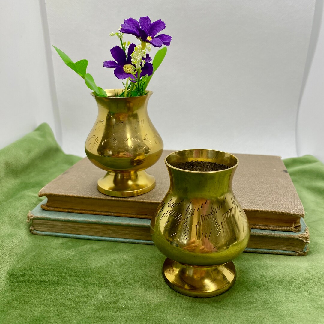 Pair of Mini Etched Brass Vases From India - Etsy