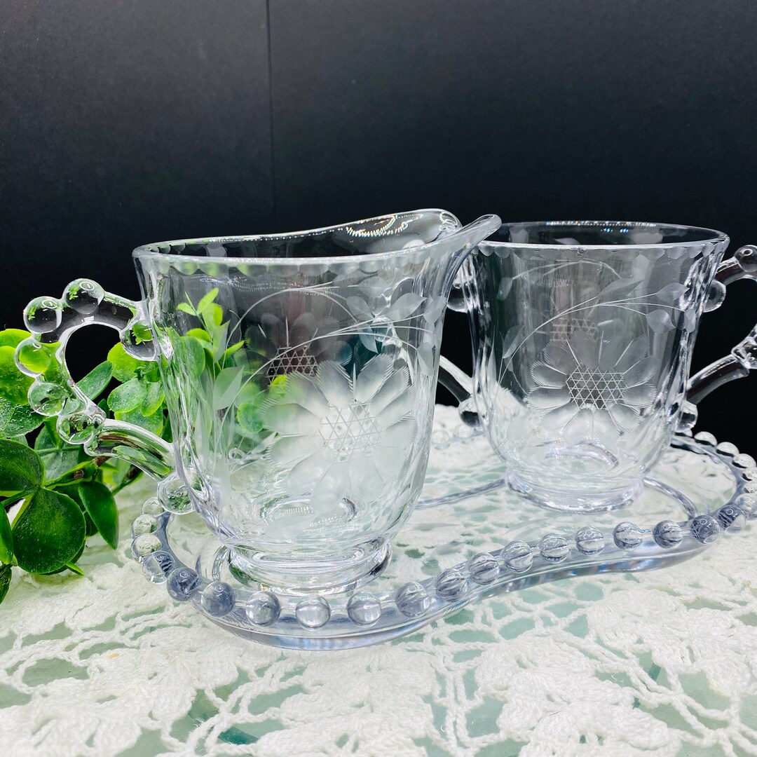 Vintage Candlewick Cornflower Glass Cream and Sugar With Tray / 3 Piece ...