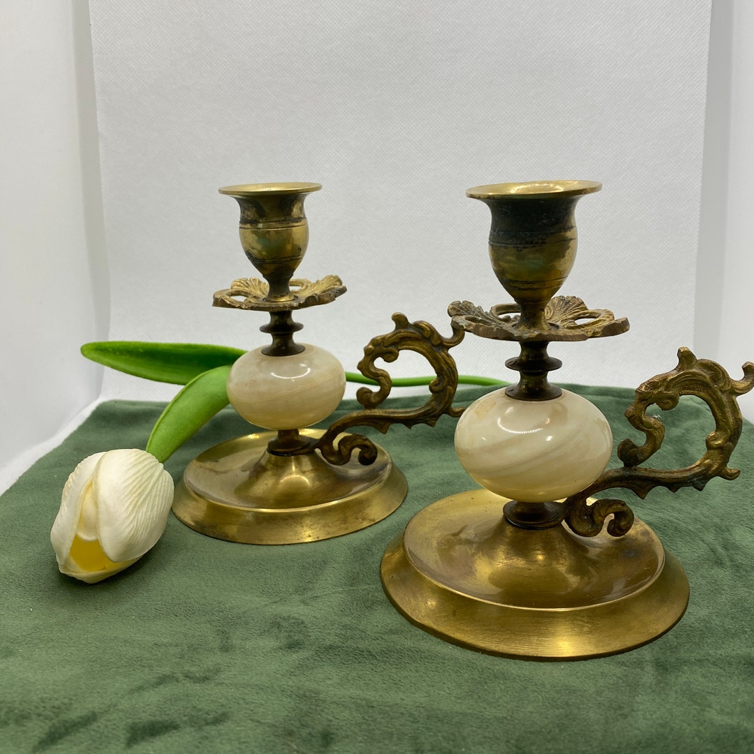 Antique, Pair Late 1800's Brass and Alabaster Candlestick Holders - Etsy