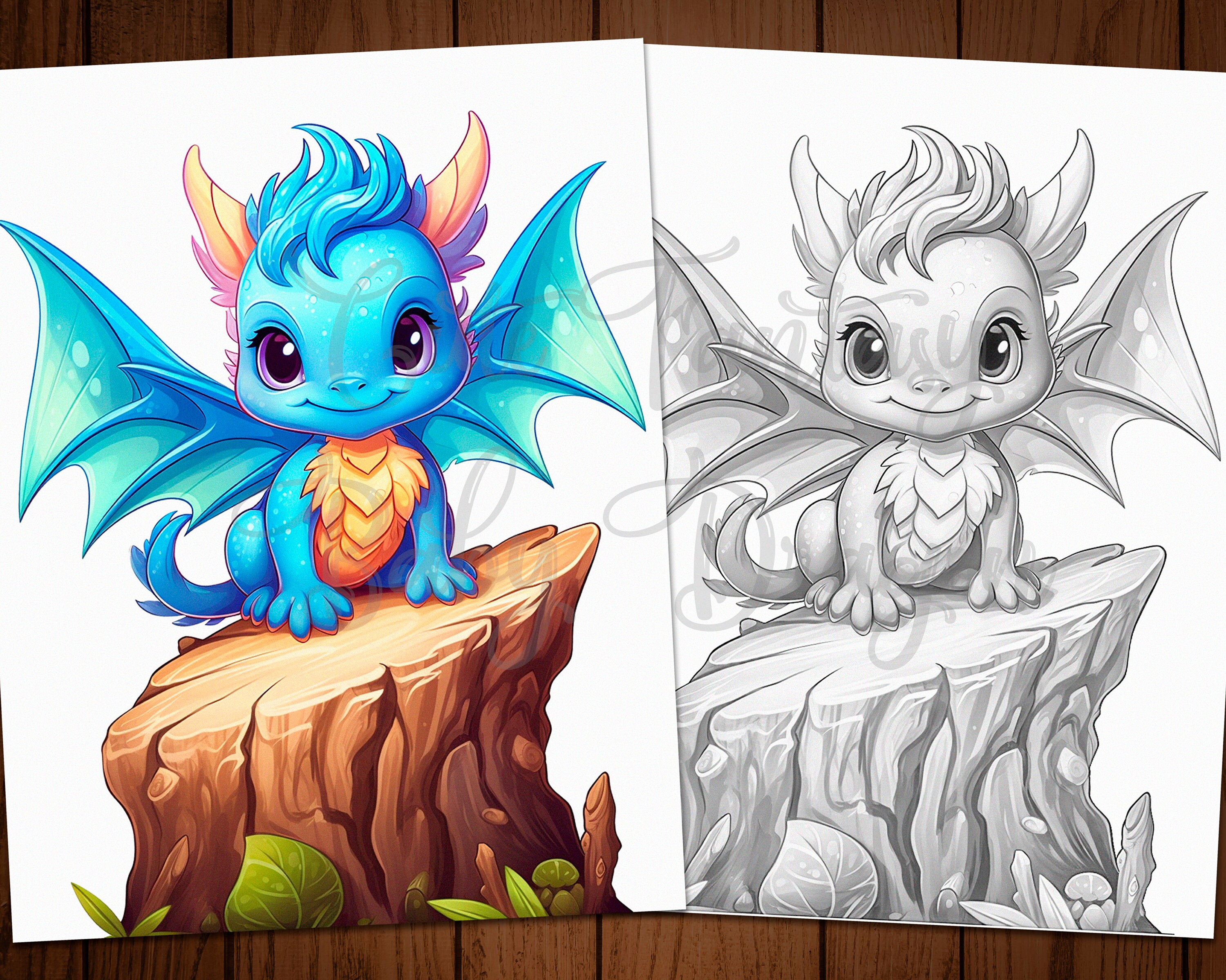 24 Cute Fantasy Baby Dragon Coloring Page Book for Adults and Kids ...