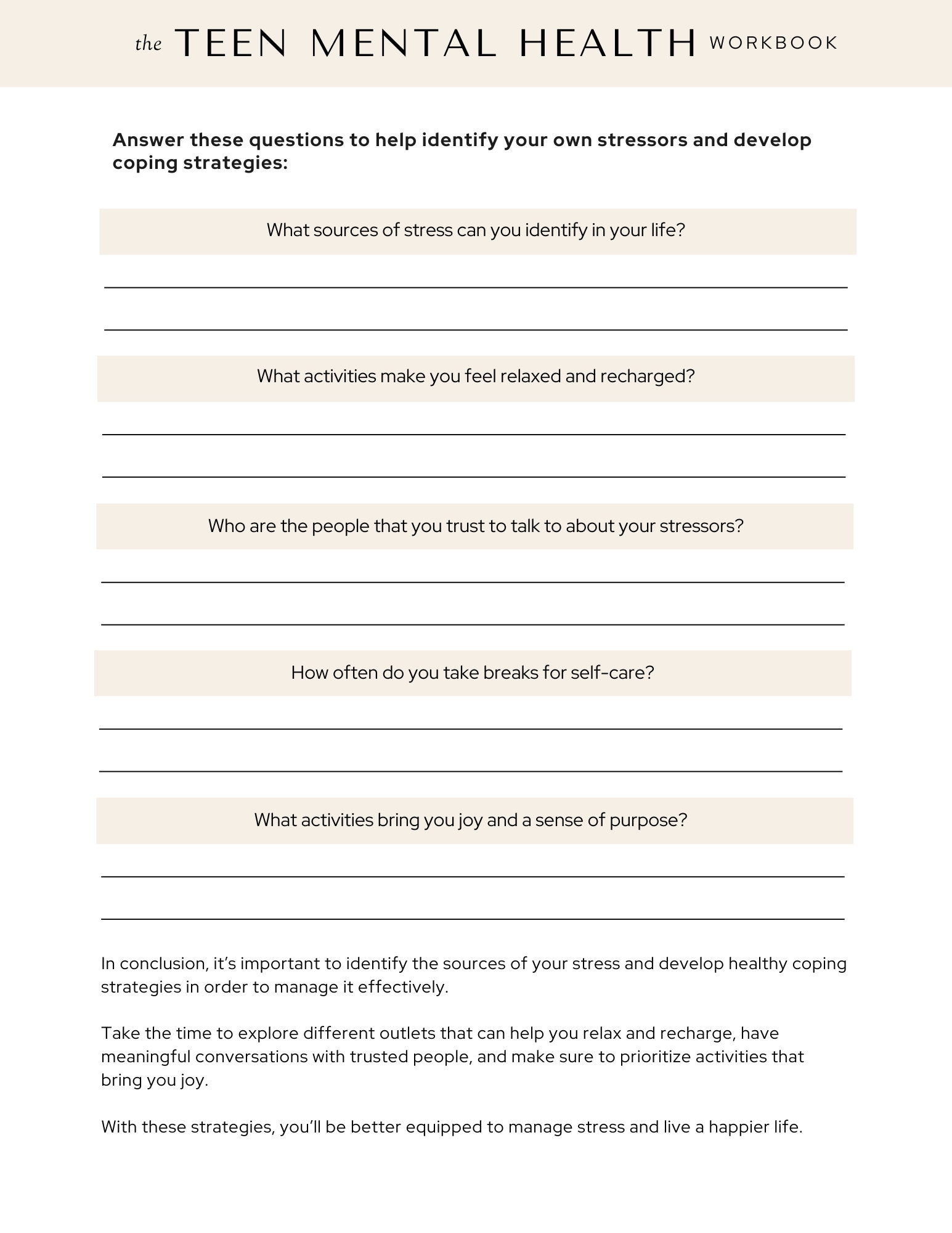 The Teen Mental Health Worksheet - Etsy