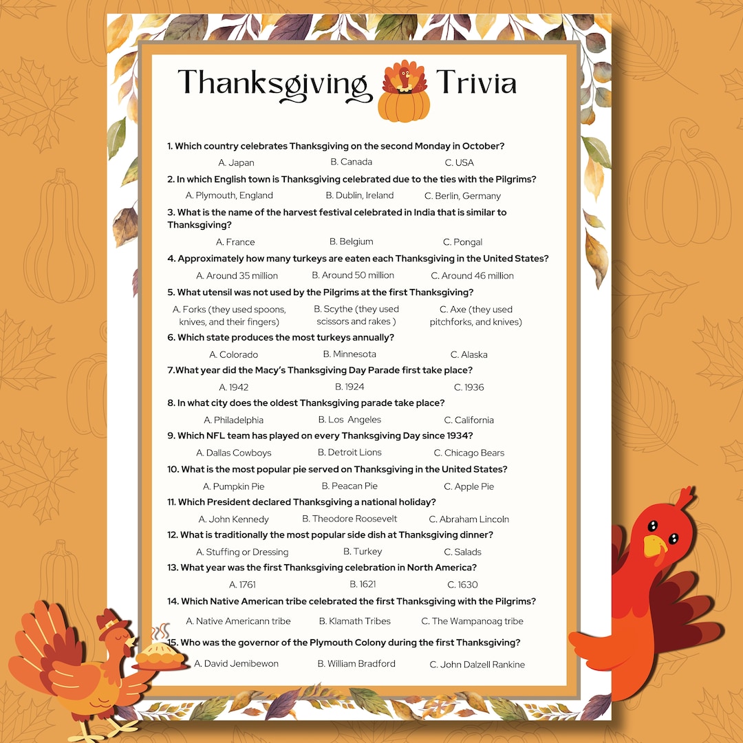 Thanksgiving Trivia Quiz PDF Sheet INSTANT DOWNLOAD Thanksgiving Trivia ...
