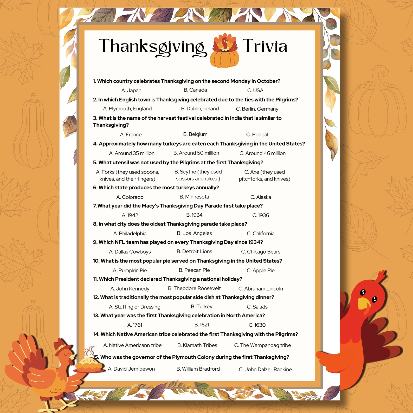 Thanksgiving Trivia Quiz PDF Sheet INSTANT DOWNLOAD Thanksgiving Trivia ...
