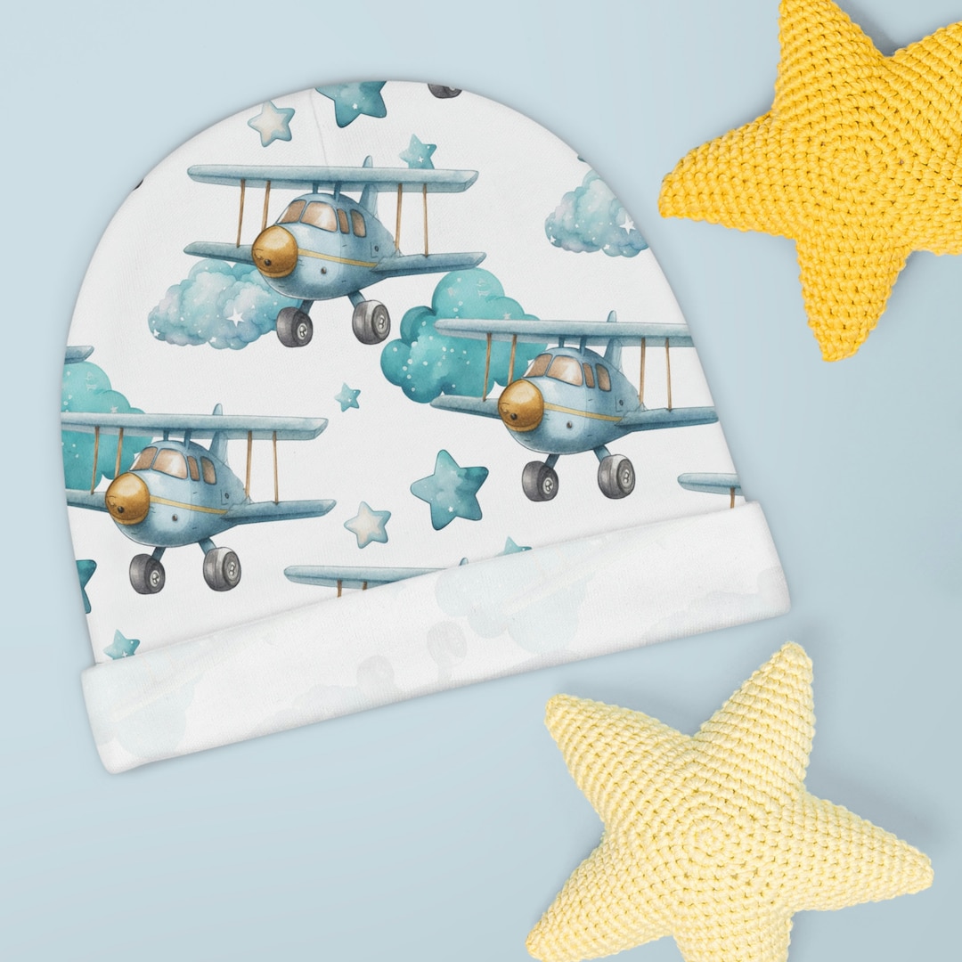 Airplane Clouds and Stars Baby Boy Beanie, AOP Baby Hat, Gift for ...