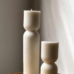 Ribbed Hourglass Pillar Candle Sculptural Striped Candle Aesthetic ...
