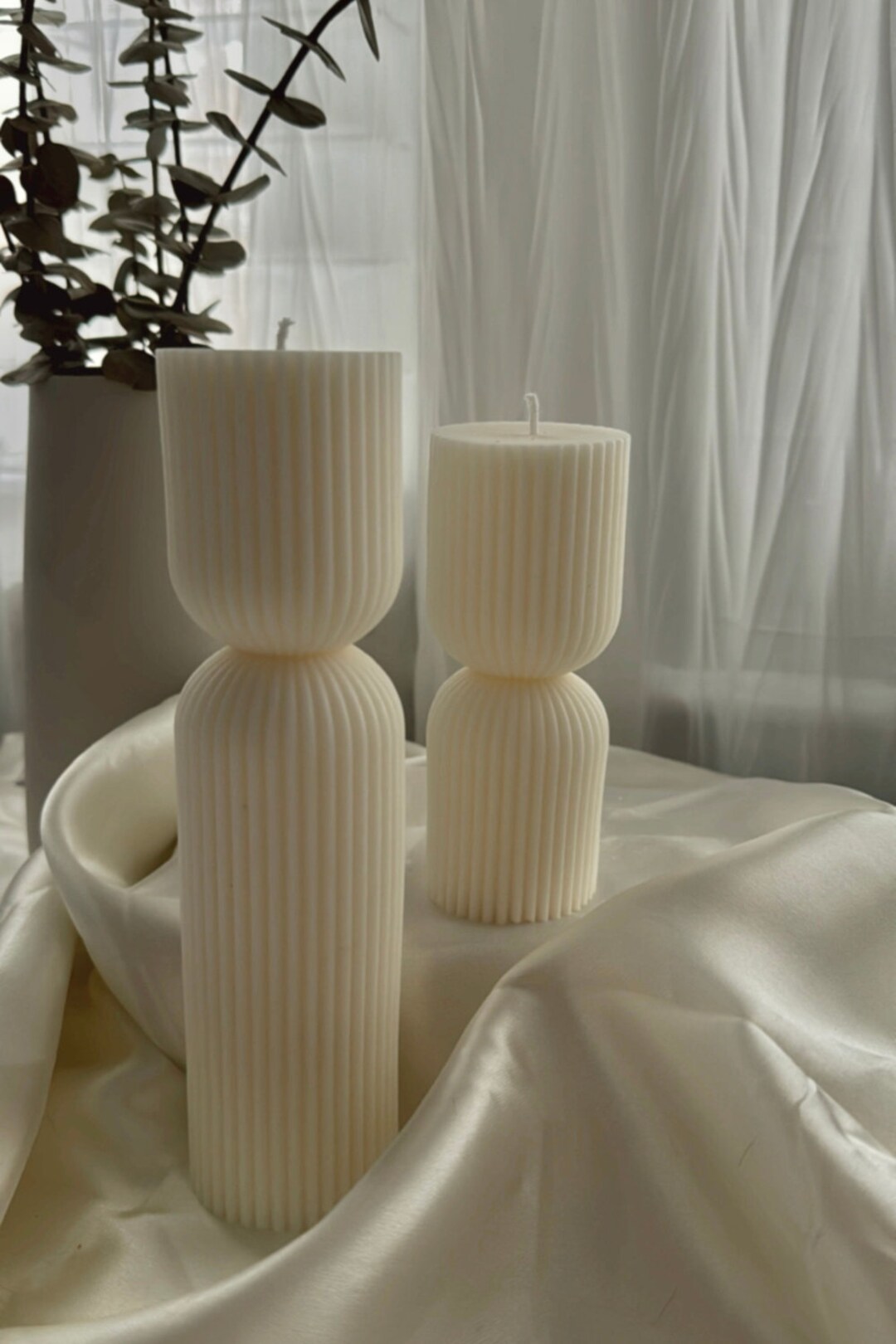Ribbed Hourglass Pillar Candle Sculptural Striped Candle Aesthetic ...