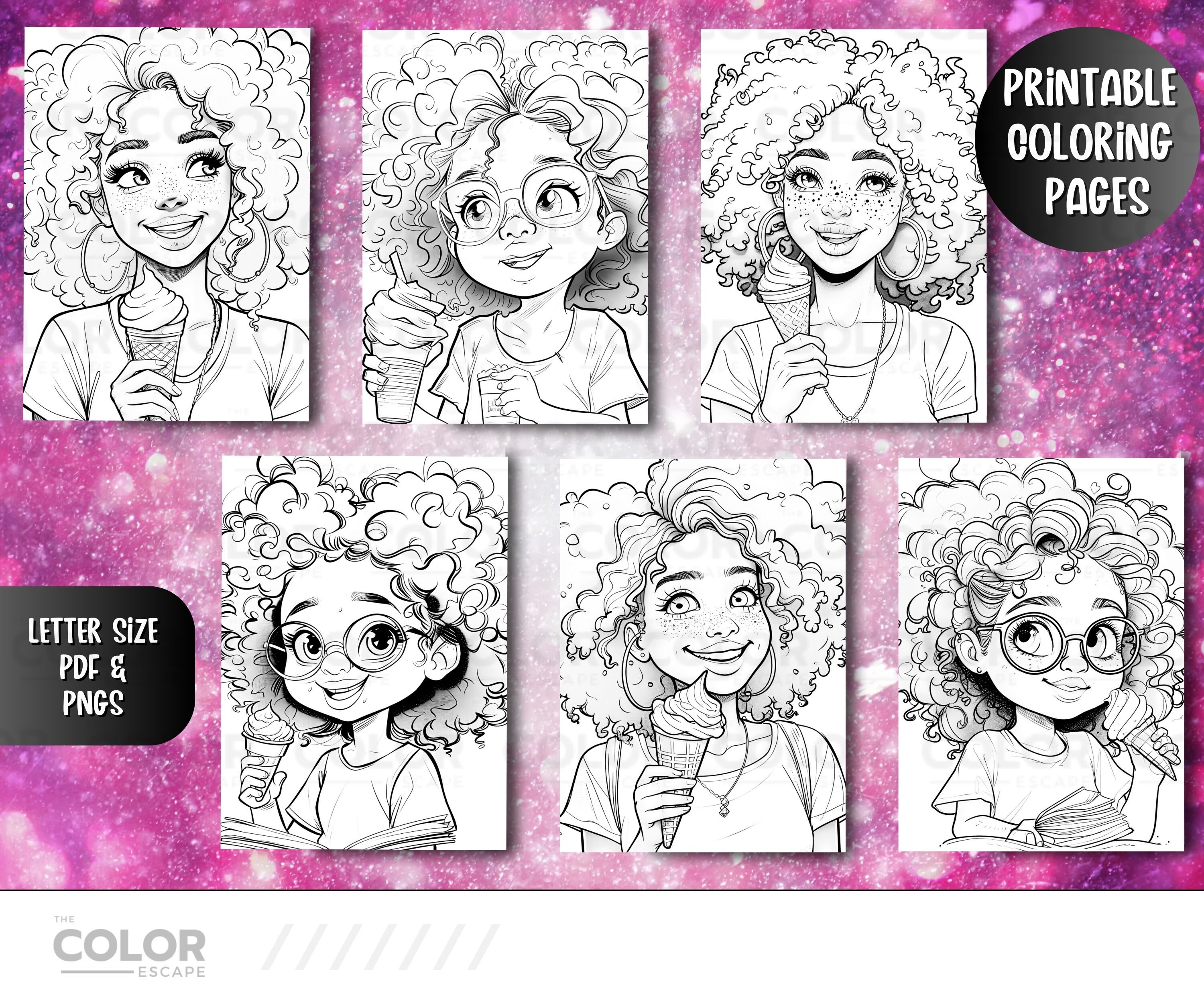 Afro Curls and Ice Cream Coloring Pages | Curly Natural Hair Printable ...