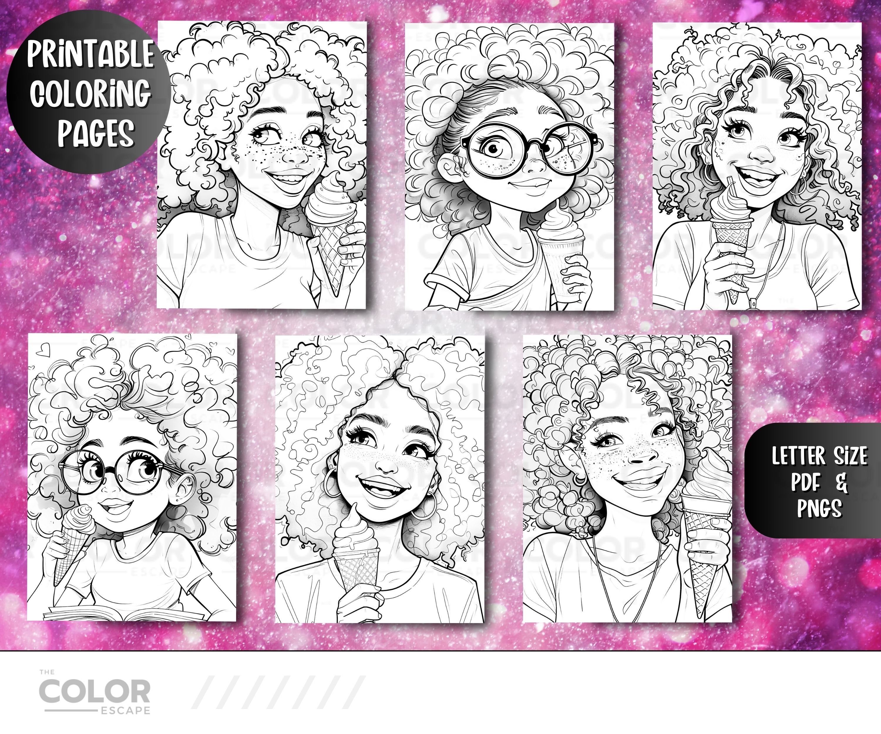 Afro Curls and Ice Cream Coloring Pages | Curly Natural Hair Printable ...