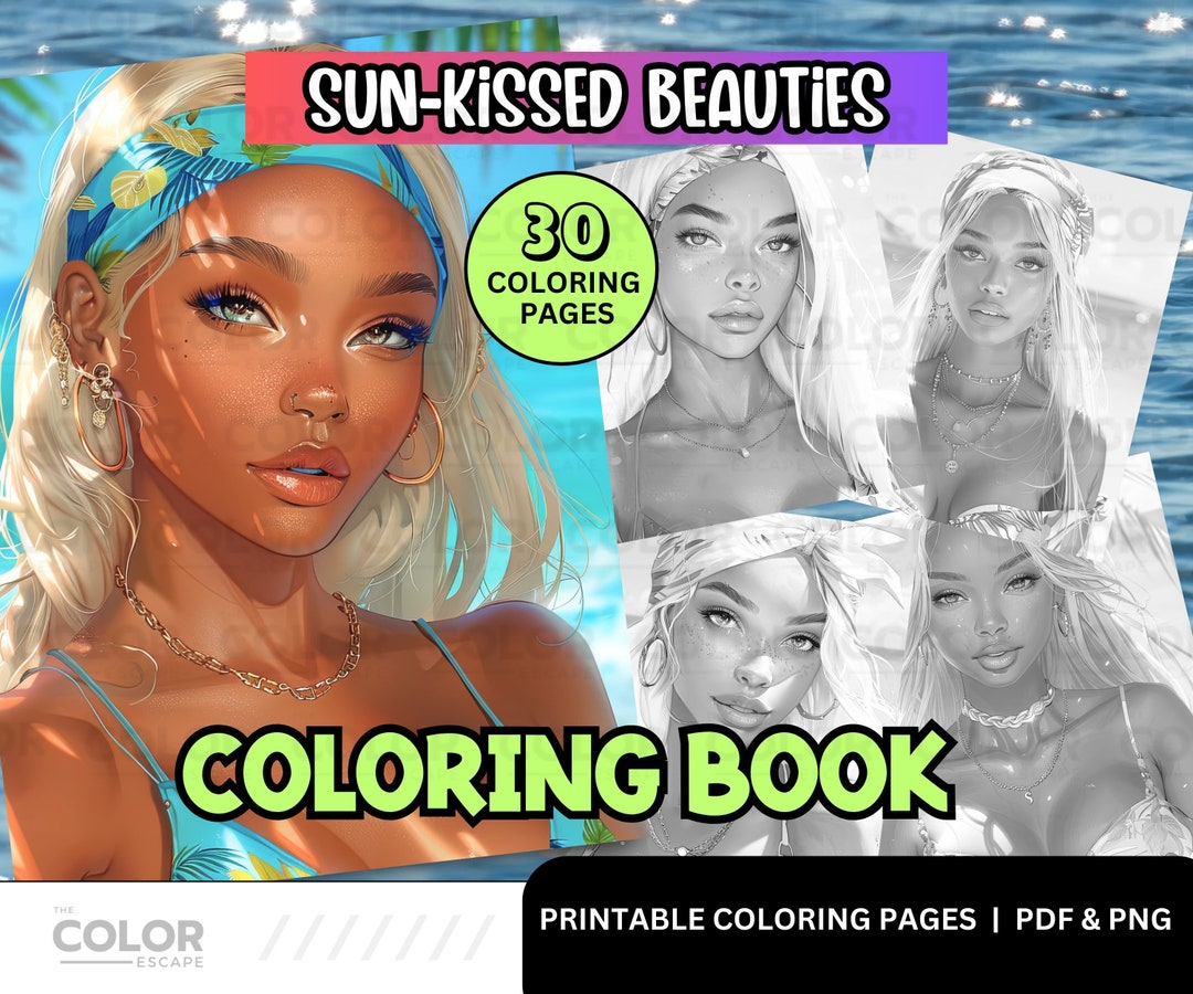 Sun-kissed Beauties Coloring Pages Gorgeous Tan Tropical Women on Beach Printable Coloring Pages ...