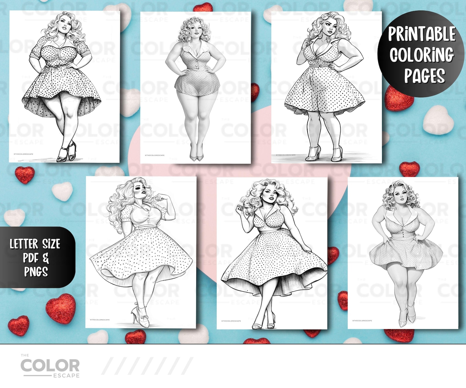 Plus Size Pin Up Girls Coloring Pages Retro Plus Size Fashion Art