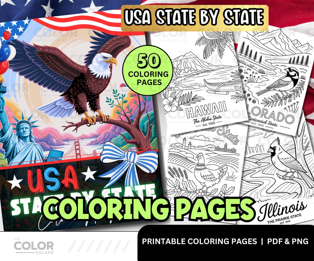 USA States Digital Coloring Pages – All 50 - United States Nature State ...