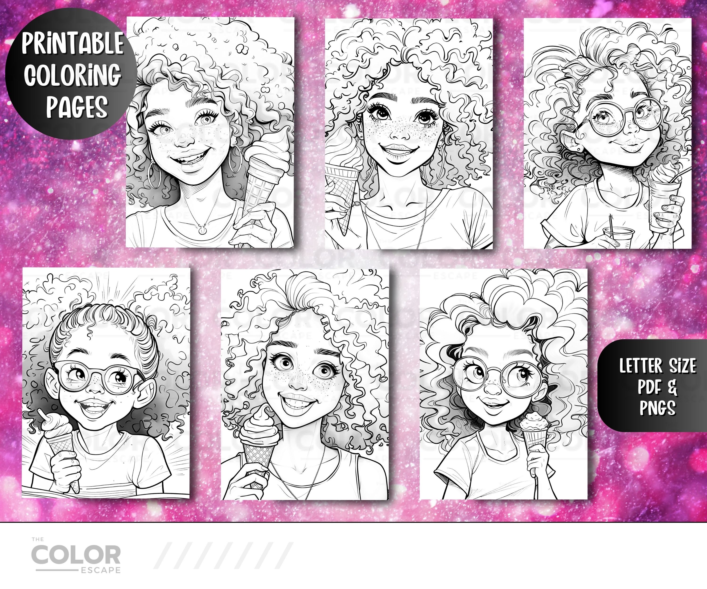 Afro Curls and Ice Cream Coloring Pages | Curly Natural Hair Printable ...