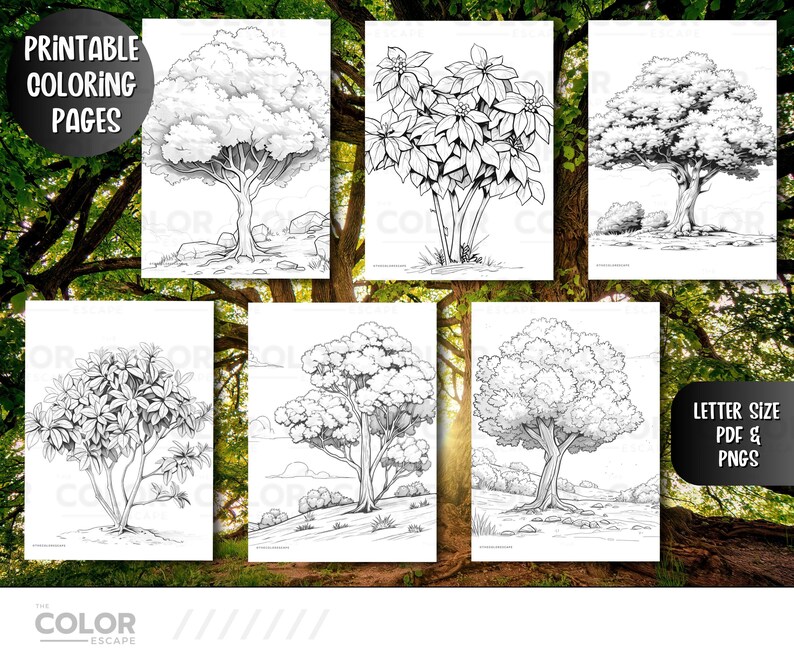 Digital Download Coloring Page Majestic Trees: Intricate Line Art of ...