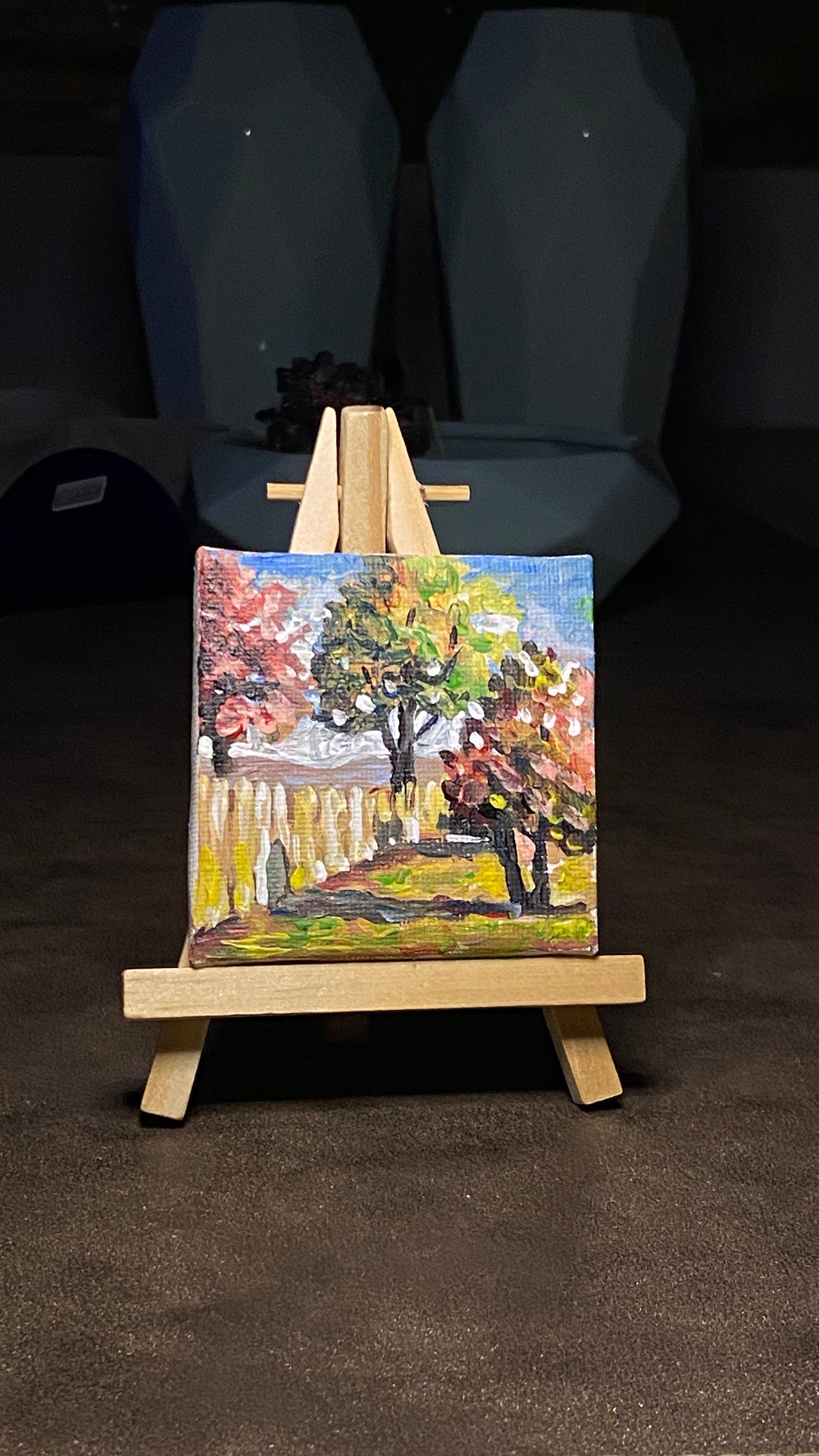 Mini Acrylic Painting & Easel That Shows a Colorful Garden With Trees ...