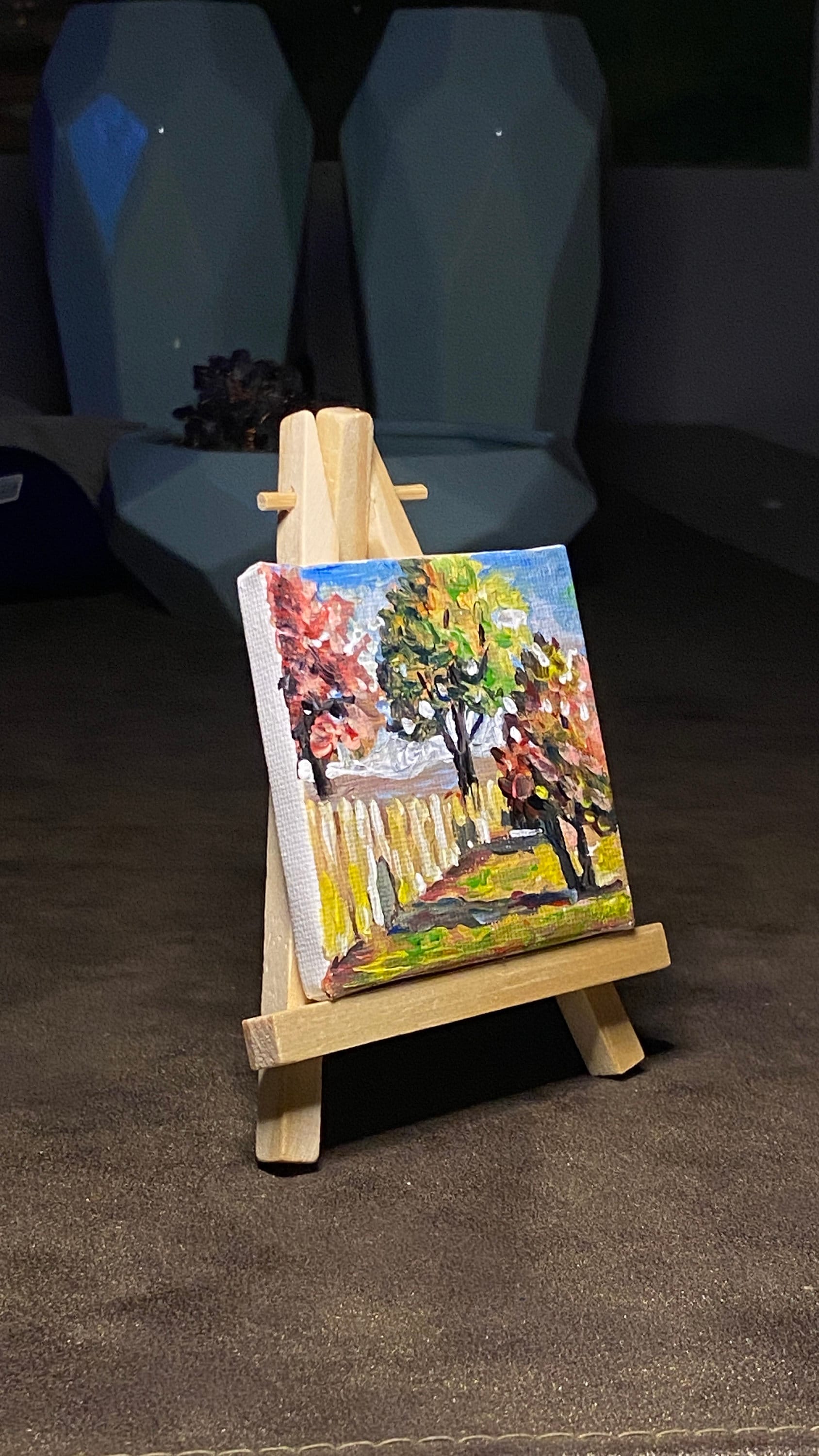 Mini Acrylic Painting & Easel That Shows a Colorful Garden With Trees ...