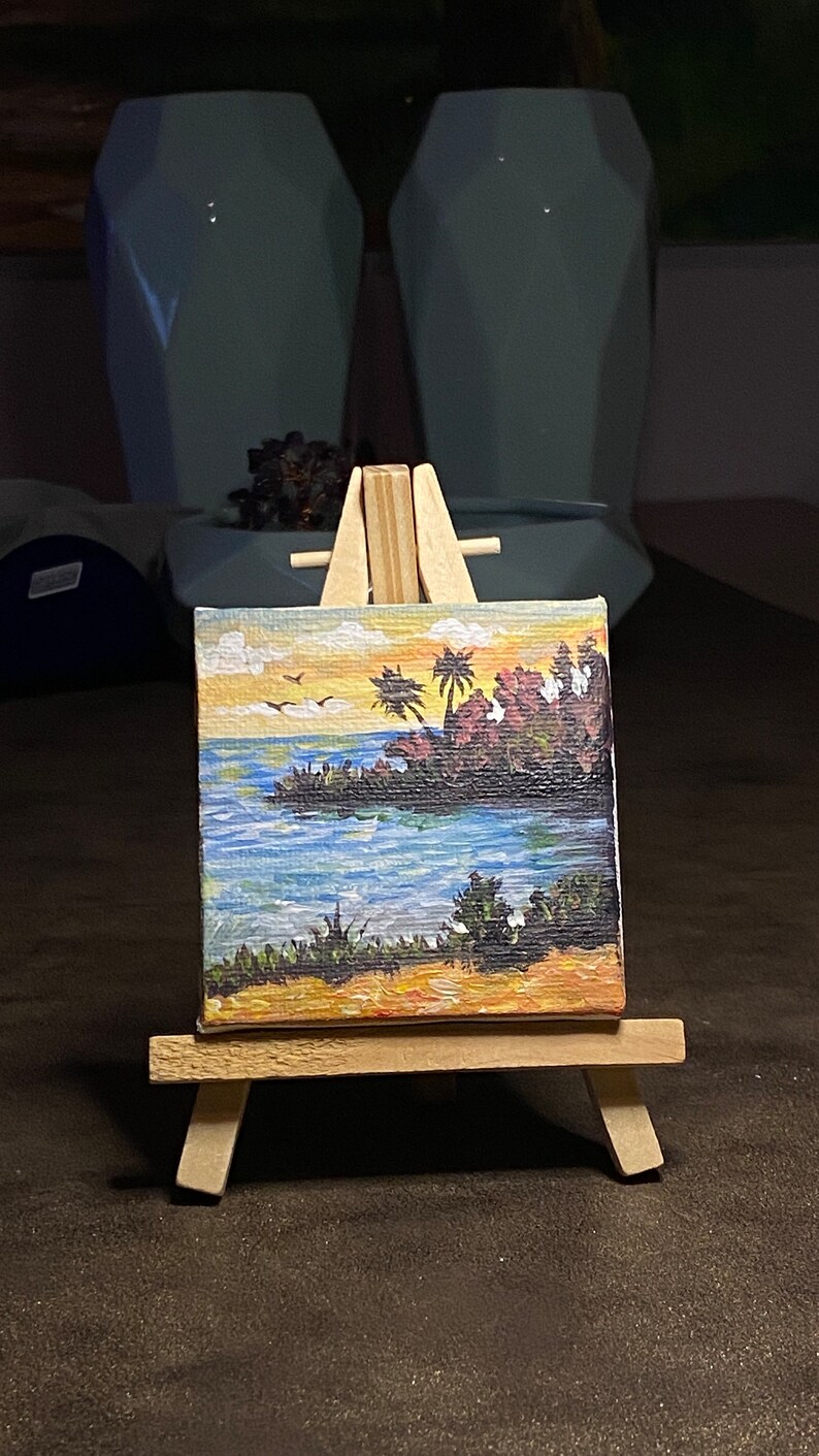 Mini Acrylic Painting & Easel of a Tropical Beach With Palm Trees and a ...