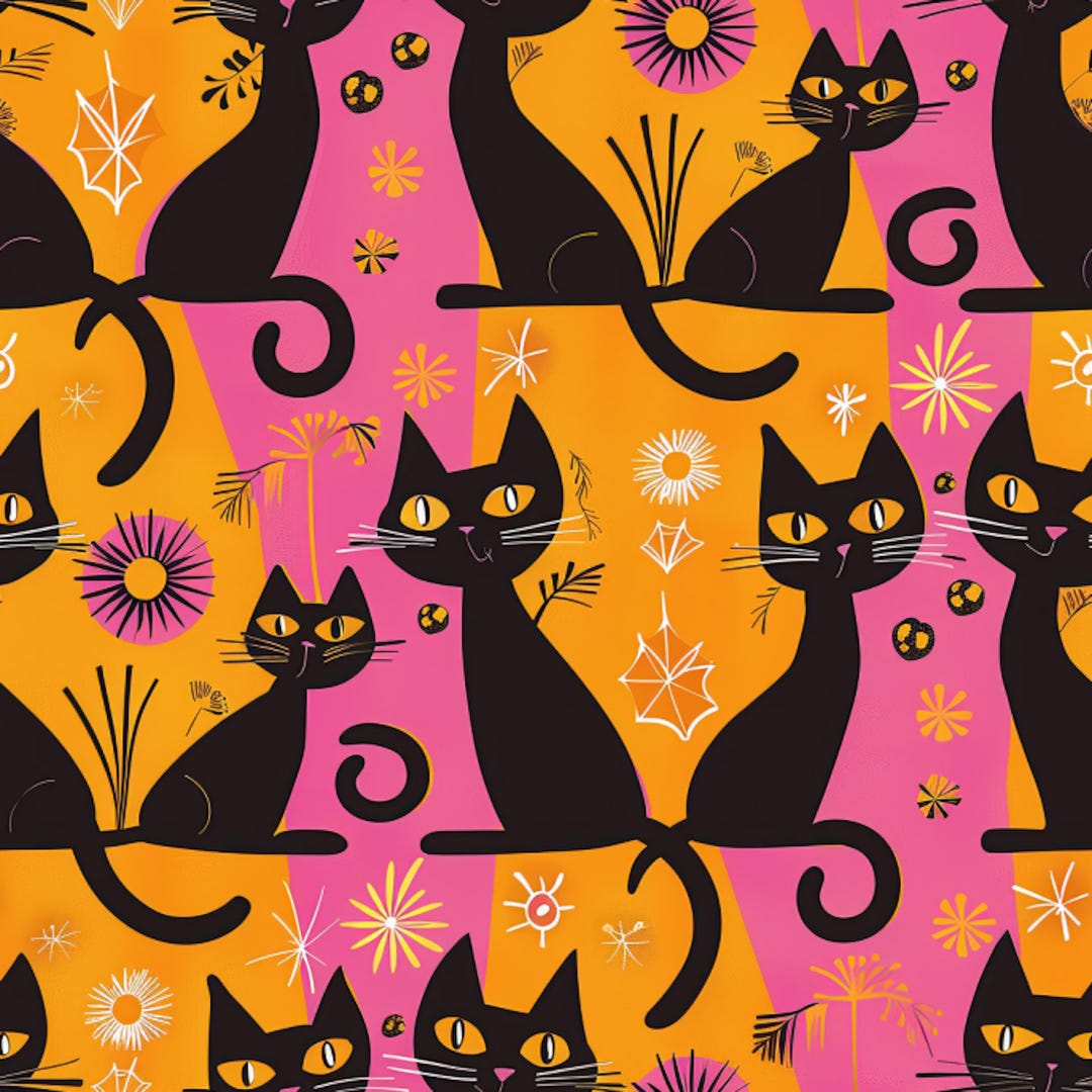 18 Black Cat Digital Patterns, Retro Cat Designs, Eclectic Cute Cat ...
