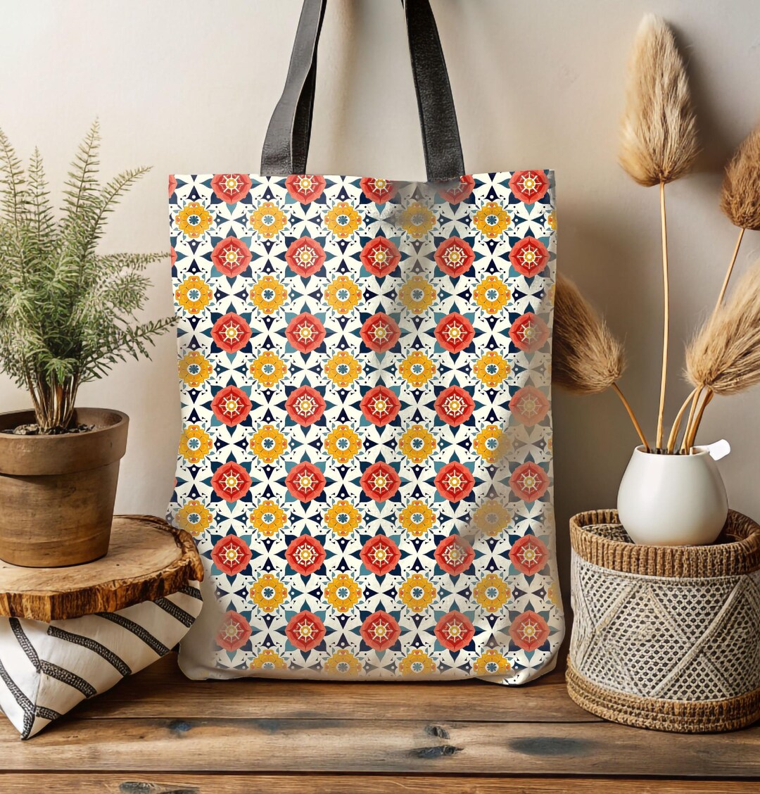 Cute Block Print Tote Bag, Vintage Country Bohemian Flower Pattern ...