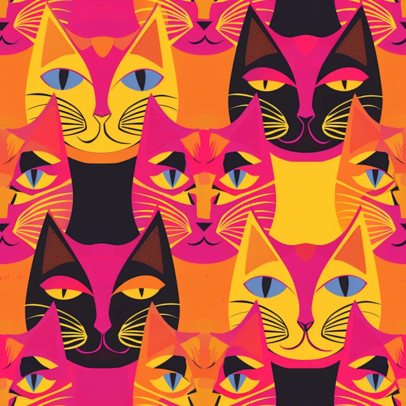 18 Black Cat Digital Patterns, Retro Cat Designs, Eclectic Cute Cat ...