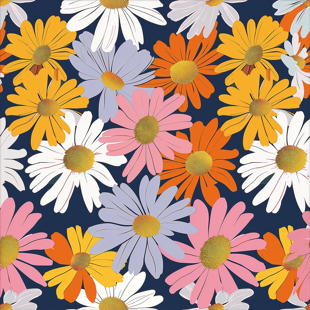 Retro Spring Daisy Seamless Pattern Bundle, Mid Century Artisan Floral ...