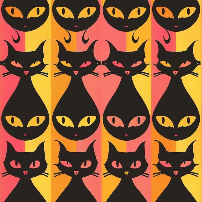18 Black Cat Digital Patterns, Retro Cat Designs, Eclectic Cute Cat ...