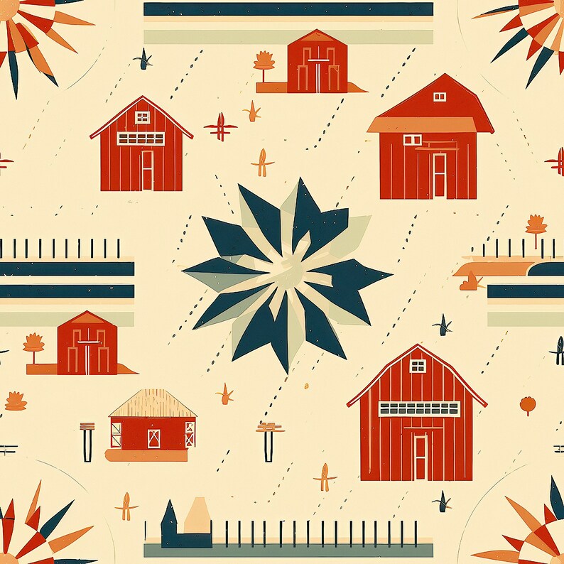14 Boho Farm Patterns, Country Farm Scenes, Vintage Farm Designs, Cozy ...