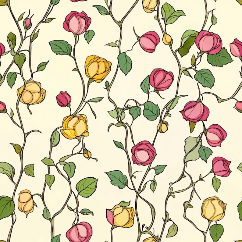 15 Rosebud Digital Patterns, Pink Yellow Multicolor Roses, Floral Home ...