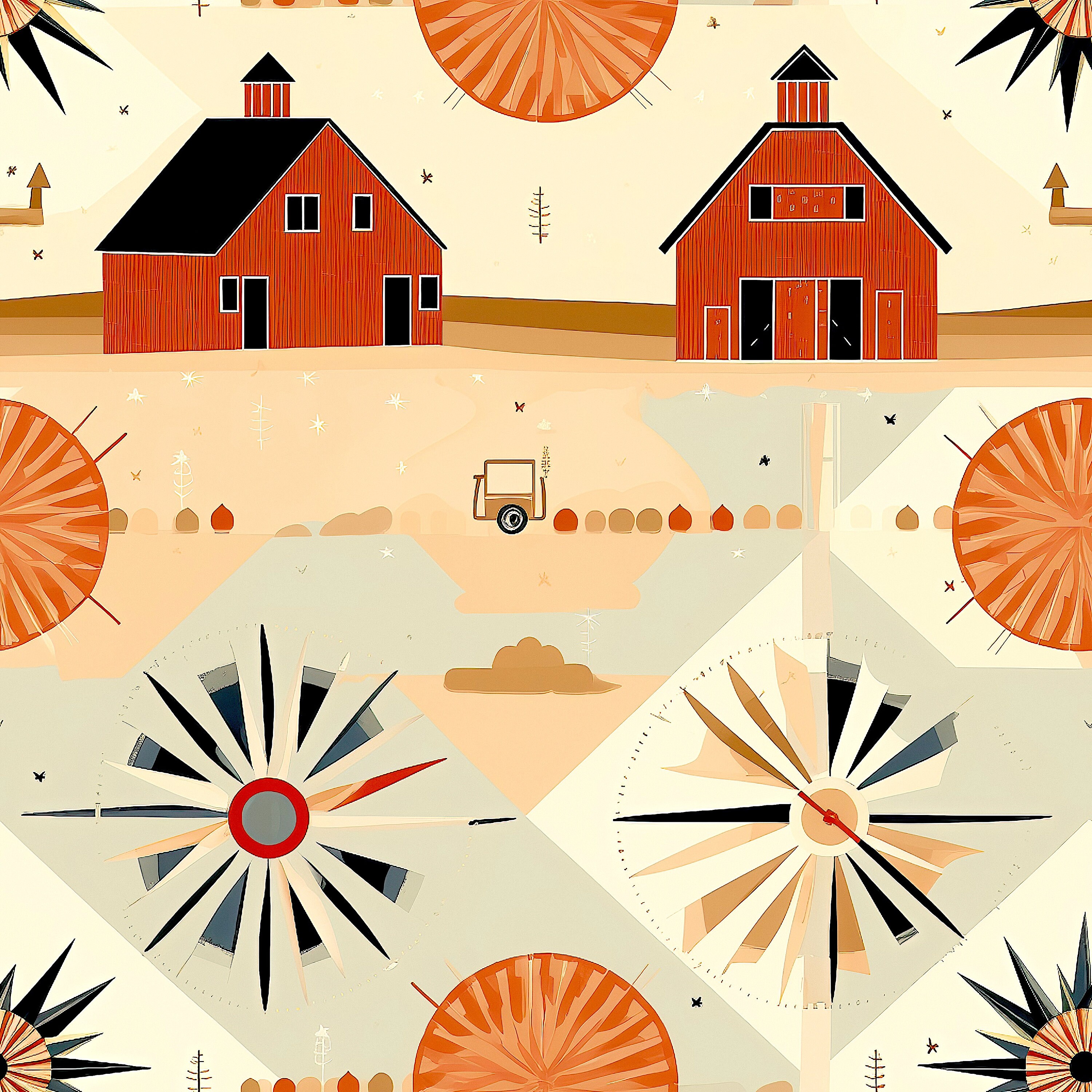 14 Boho Farm Patterns, Country Farm Scenes, Vintage Farm Designs, Cozy ...