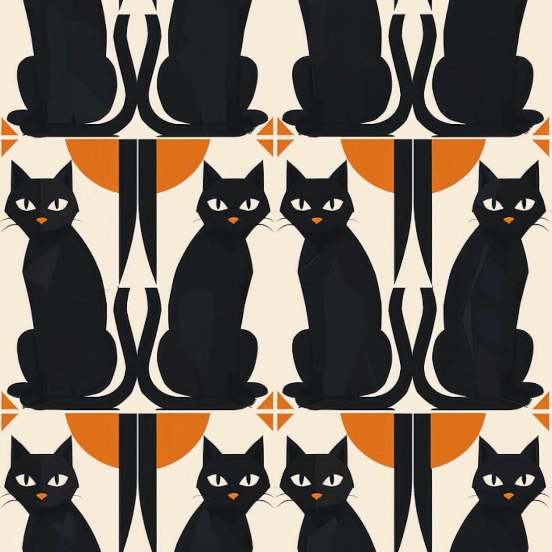 18 Cute Black Cat Digital Patterns, Cat Halloween Designs, Art Deco ...