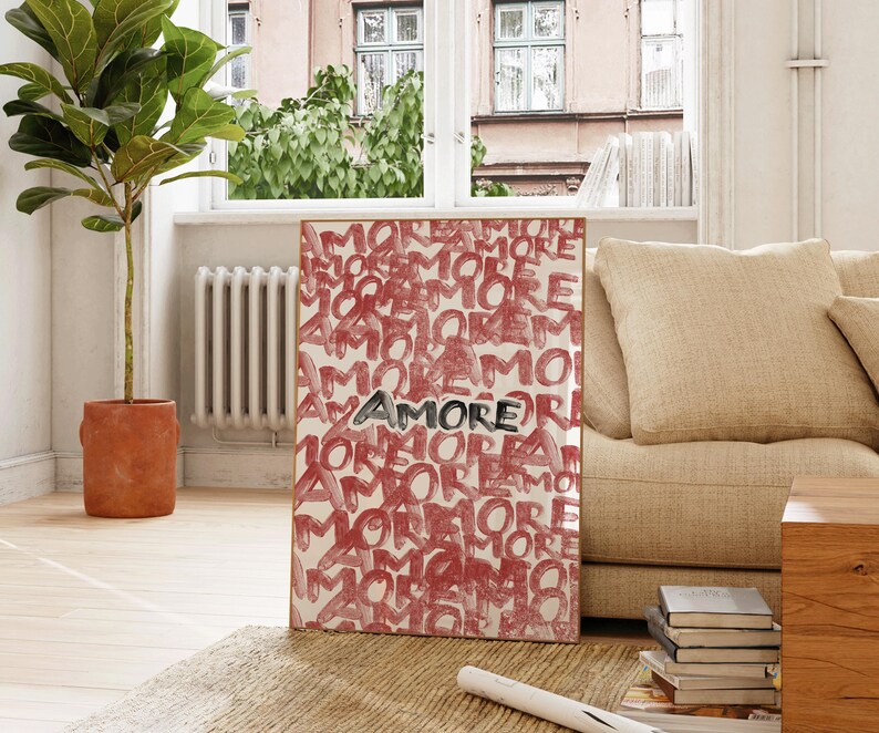 Amore Print - French Love Retro Red Wall Art - Vintage Girly Decor ...