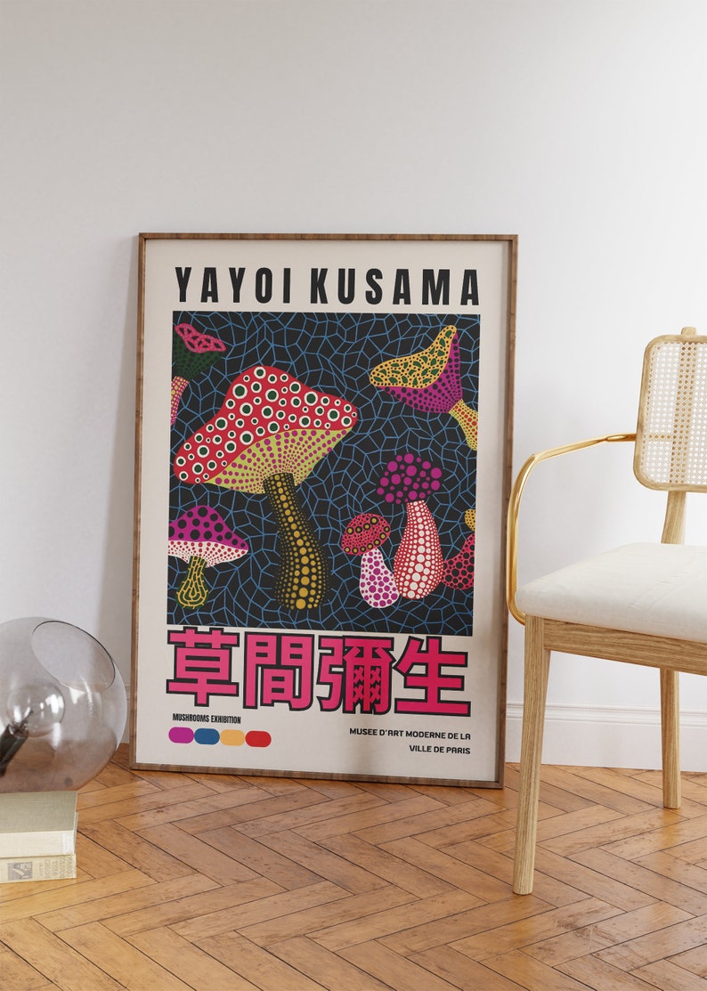 Yayoi Kusama Print Pink Mushrooms Poster Modern Colorful Wall Art ...