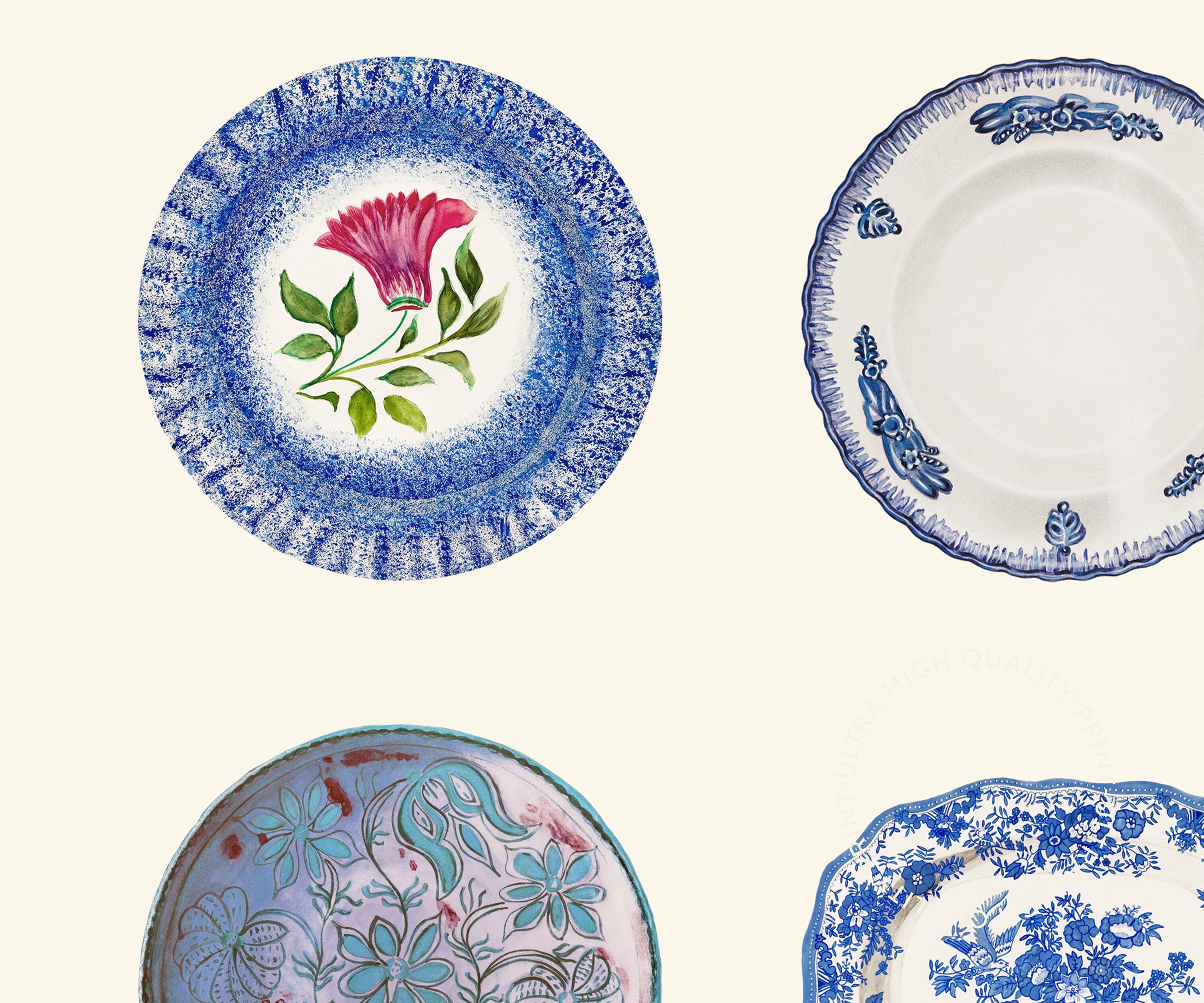 Blue Kitchen Print - Retro Antique Plates Painting - Modern Blue Wall ...