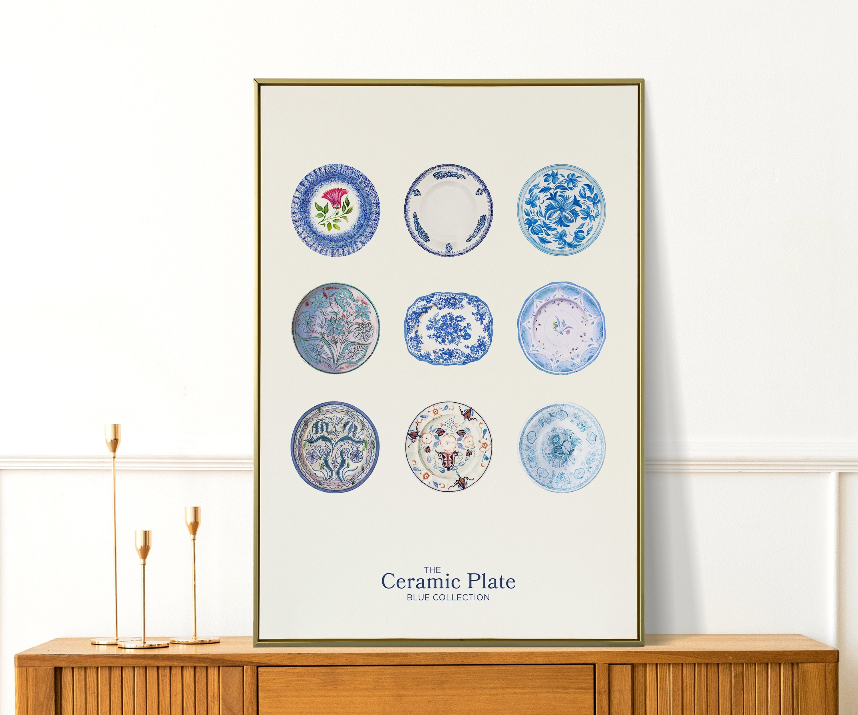 Blue Kitchen Print - Retro Antique Plates Painting - Modern Blue Wall ...