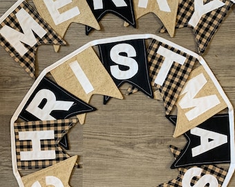 READY TO SHIP, Fabric Merry & Bright Banner, Fabric Holiday Bunting ...